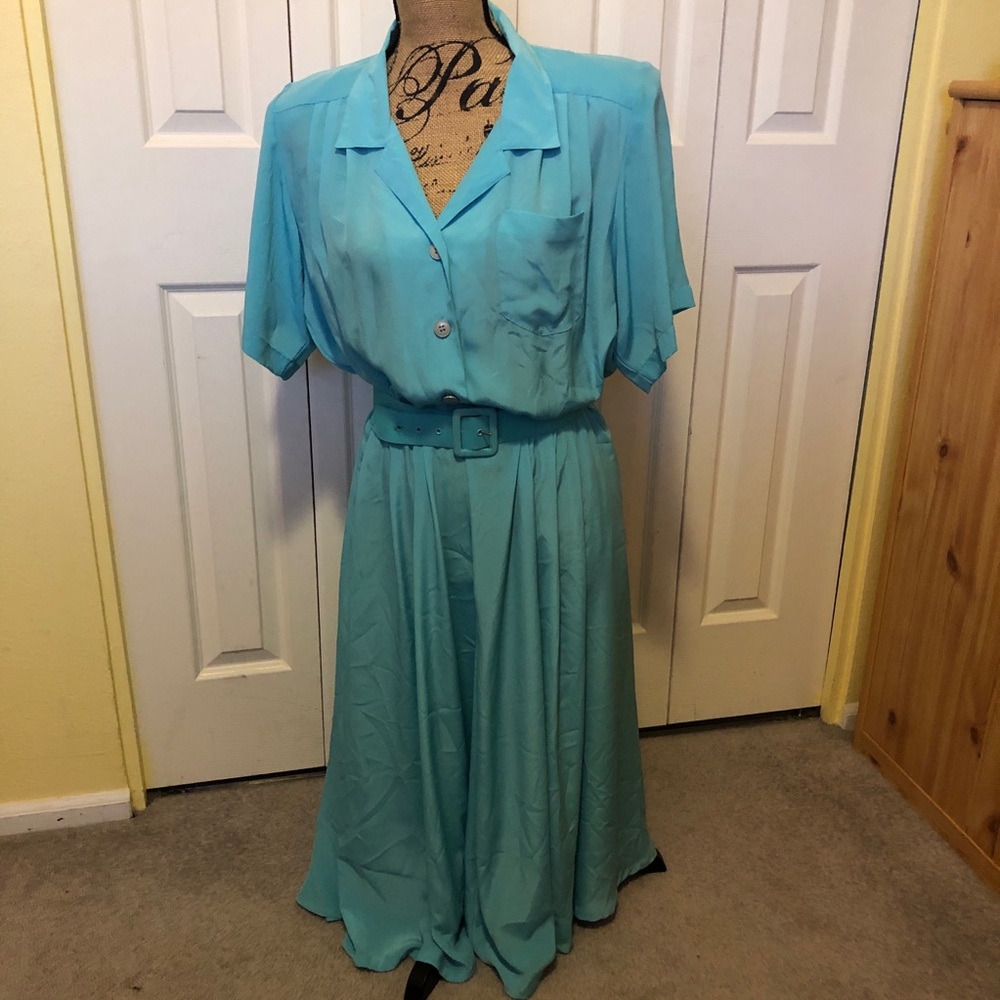 Beautiful Turquoise Silky Dress, Belted At Waist - Gem